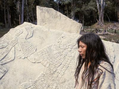 'Lacandon Indian from Bonampak in Front of Mayan Stele, Mexico, North ...