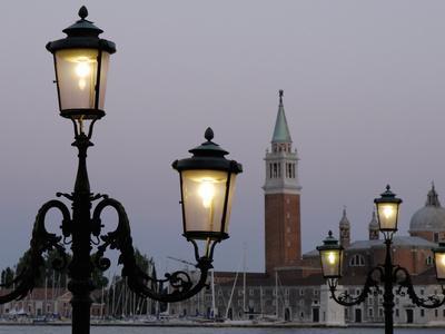 'Lampposts Lit Up at Dusk with Building in the Background, San Giorgio ...