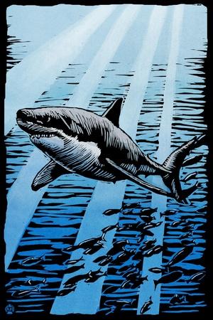 'Great White Shark - Scratchboard' Art Print - Lantern Press | Art.com