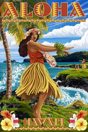 Hawaii - Aloha - Hula Girl on Coast (Flower Border) Art Print - Lantern ...