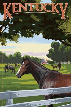 'Kentucky - Thoroughbred Horses Farm Scene' Art Print - Lantern Press ...