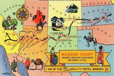 Map of Fred Harvey Hotel Locations - CA to KS Art Print - Lantern Press ...
