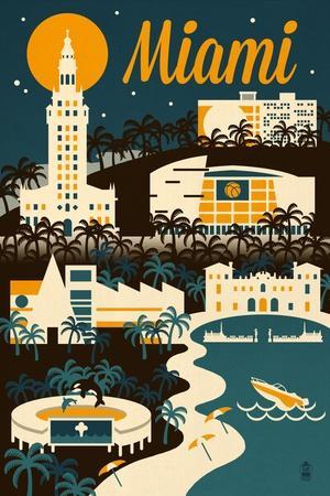 'Miami, Florida - Retro Skyline' Art Print - Lantern Press | Art.com