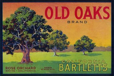 'Old Oaks Pear Crate Label - Bryte, CA' Art Print - Lantern Press | Art.com