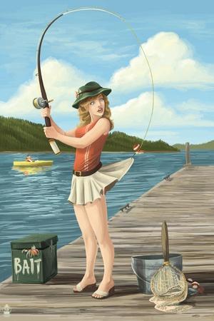 'Pinup Girl Fishing on Lake' Art Print - Lantern Press | Art.com