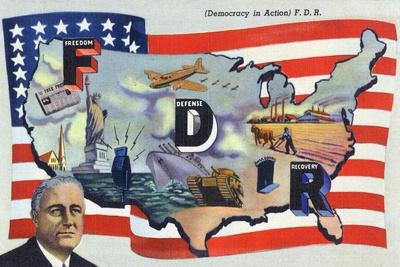 'WWII Promotion - Democracy in Action, FDR by US Flag' Art Print ...