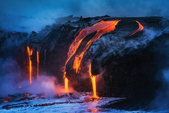 Lava flow entering the ocean at dawn, Hawaii Volcanoes National Park, The Big Island, Hawaii ...