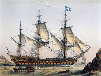 'Le Volcan 80-Gun Ship of Line in 1745, Color Lithograph by Lebreton ...