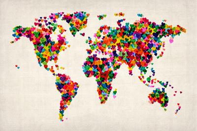 'Love Hearts Map of the World Map' Art Print - Michael Tompsett | Art.com