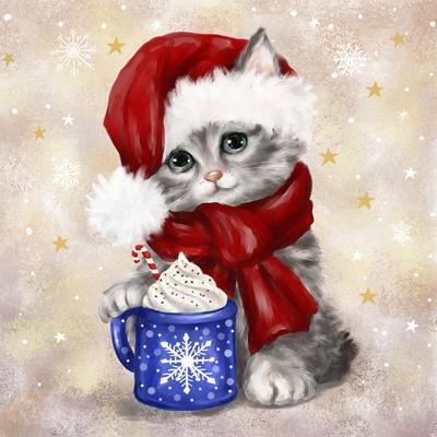 'Christmas Cat with Hot Chocolate' Giclee Print - MAKIKO | Art.com