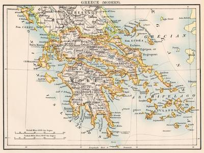 'Map of Greece (Thessaly, Peloponnese and Cycladic Islands), circa 1870 ...