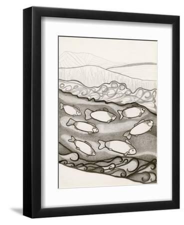 Black and White Drawing of Fish Swimming in River Framed Giclee Print ...