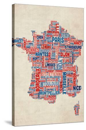 'Typography Text Map of France Map' Stretched Canvas Print - Michael ...