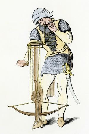 Middle Ages: Genois Archer Arming His Crossbow. 19Th Century Colour ...