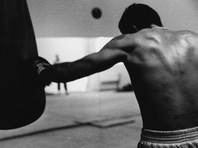 'Monochromatic Image of a Boxer Working Out' Photographic Print | Art.com