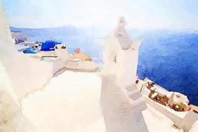 Watercolor Drawing Picture Landscpe View of Small Town at Santorini,Oia ...