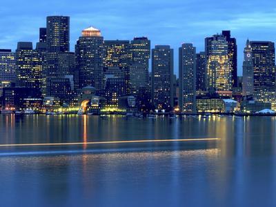 'Boat Leaves Light Trail on Boston Harbor at Sunset, Boston ...