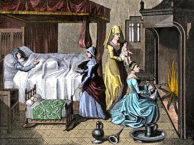 Newborn Child in a Lady's Bedroom, with Maid-Servants Assisting, 1400s ...