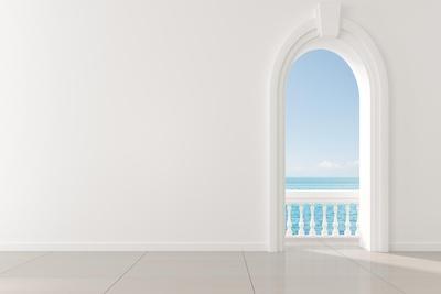 'View of Living Room in Mediterranean Style with Arch Window Design ...