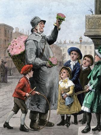 'Old Flower Merchant Surrounded by Children at the Corner of a Street ...