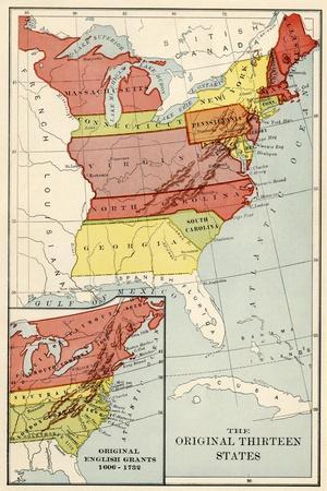 Original 13 States and (Inset) Original Enlish Land Grants. Giclee ...