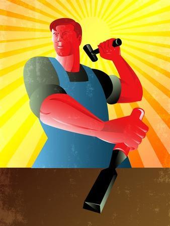 'Carpenter Striking Hammer Chisel Poster Retro' Art Print - patrimonio ...