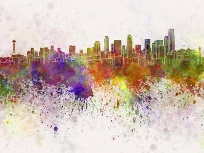 'Seattle Skyline in Watercolor Background' Art Print - paulrommer | Art.com