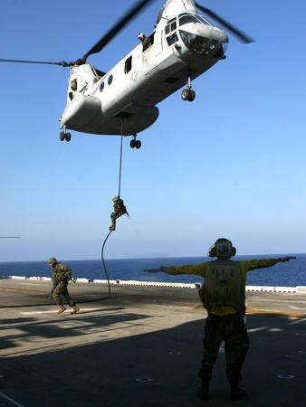 'Personnel Fast-rope from the Rear of a CH-46E Sea Knight' Photographic ...