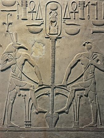 'Pharaoh Sesostris I Statue, Details from Throne Depicting Horus and ...