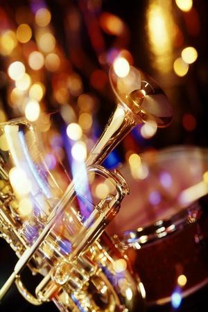 1970s 1980s SHINY STILL LIFE OF BRASS TRUMPET SAXOPHONE DRUM SET SOFT ...