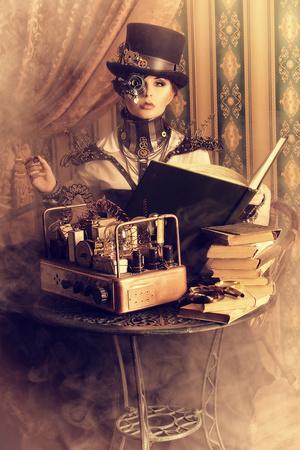 'Portrait Of A Beautiful Steampunk Woman Over Vintage Background' Art ...