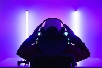 'Rear View Young Player Video Computer Pc. Young Man Sitting on Chair ...