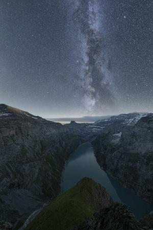 'Milky Way in the starry night sky over lake Limmernsee, aerial view ...