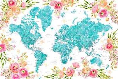 Detailed Floral World Map with Cities, Haven Giclee Print - Rosana Laiz ...