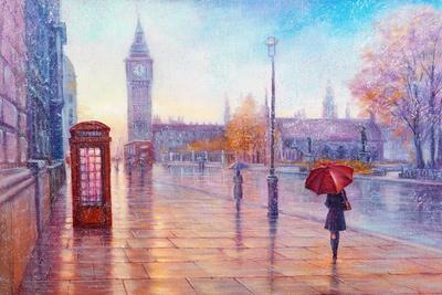 Street View of London, Bus on Road. Artwork. Big Ben. Premium ...