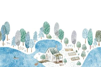 Seamless Border of a Fisherman's House and Garden.Landscape of a Forest ...