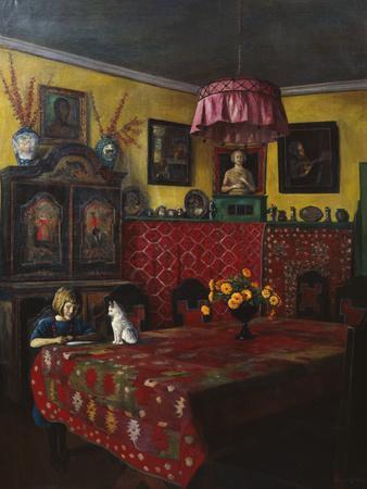 'Interior with girl and cat' Giclee Print - Signe Scheel | Art.com