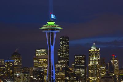 'Space Needle with Seahawk colors and 12th man flag. Washington, USA ...