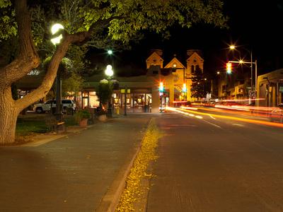'Street Scene with Buildings Lit Up at Night, Santa Fe, New Mexico, USA ...