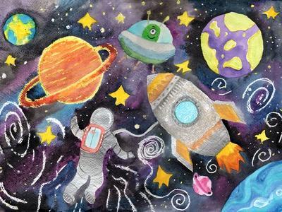 'Watercolor Children Drawing Space Planet Rocket' Photographic Print ...