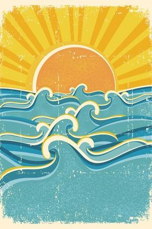 'Sea Waves and Yellow Sun on Old Paper Texture.Vintage Illustration ...
