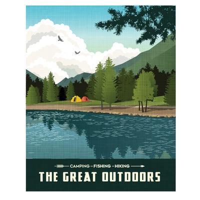 'Scenic Landscape with Mountains, Forest and Lake with Camping Tents ...