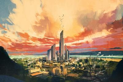 'Digital Painting of Futuristic Sci-Fi City with Skyscraper at Sunset ...
