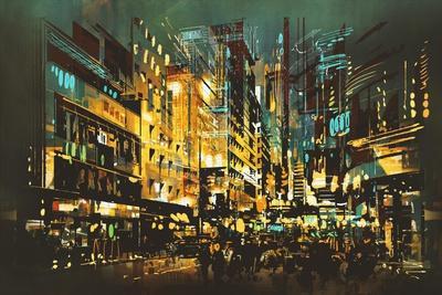 'Night Scene Cityscape,Abstract Art Painting,Illustration' Art Print ...