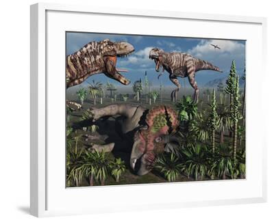 'Two T. Rex Dinosaurs Confront Each Other over a Dead Triceratops ...
