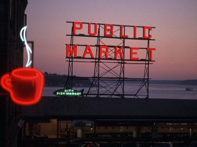 'Neon Sign of Coffee Cup at Pike Place Market, Seattle, Washington, USA ...