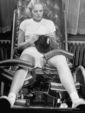 'Pat Ogden at Slenderizing Salon Knitting in Padded Chair While Leg ...