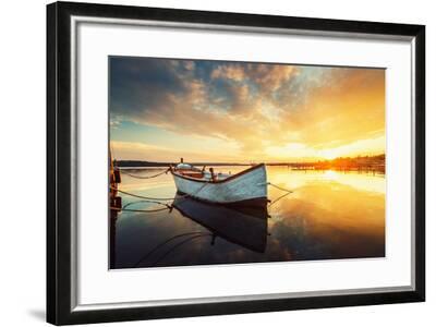 Boat on Lake with a Reflection in the Water at Sunset Photographic ...