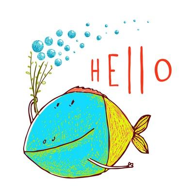 'Cartoon Funny Fish Greeting Card Design Hand Drawn. Fun Cartoon Hand ...