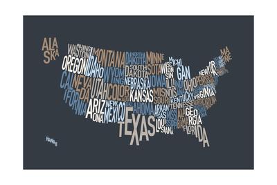 United States Text Map Art Print by Michael Tompsett | Art.com